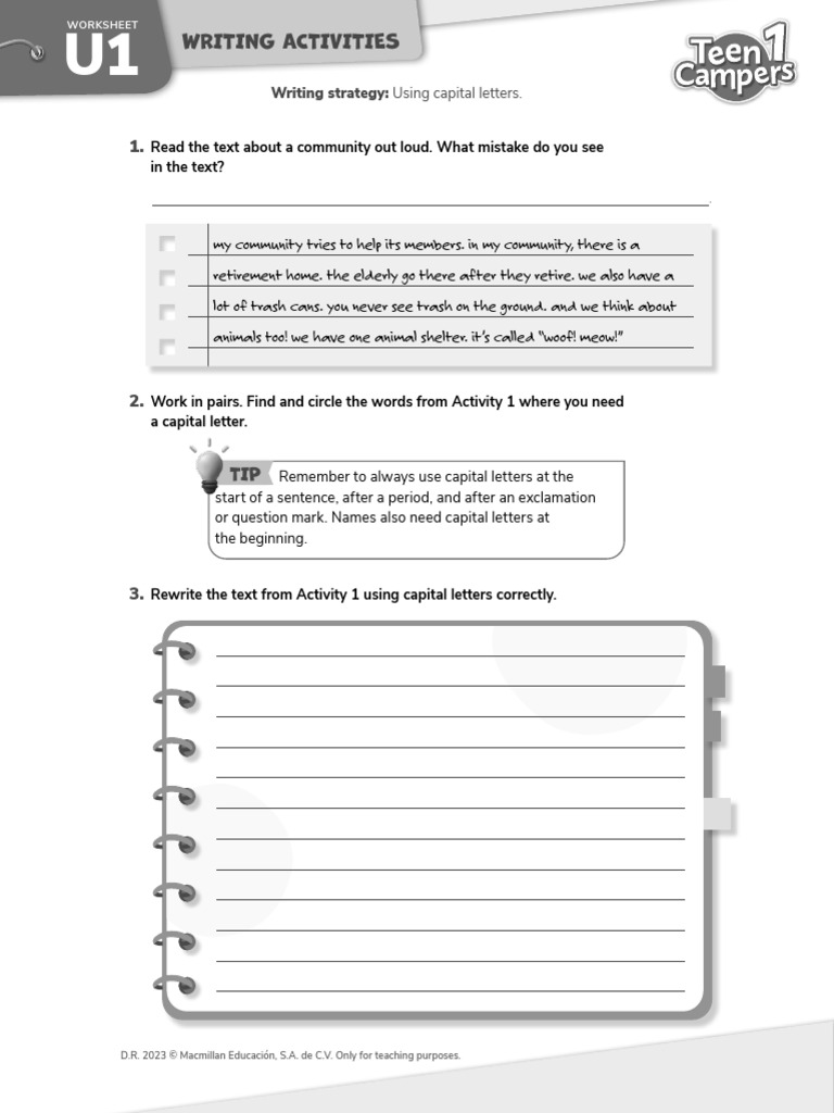 TC1E Level 1 Worksheet Writing U1 | PDF