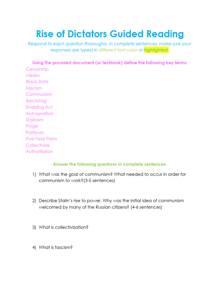 Angel Stanley - Rise of Dictators Guided Reading | PDF