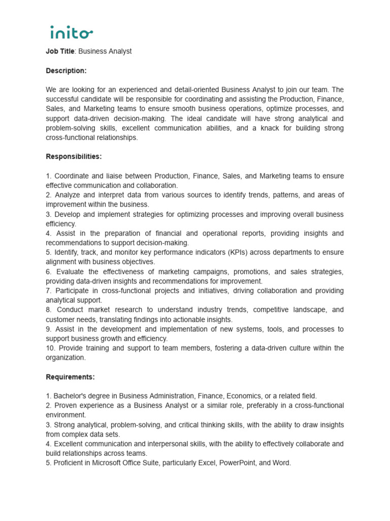 JD-Business Analyst | PDF | Marketing | Data Analysis