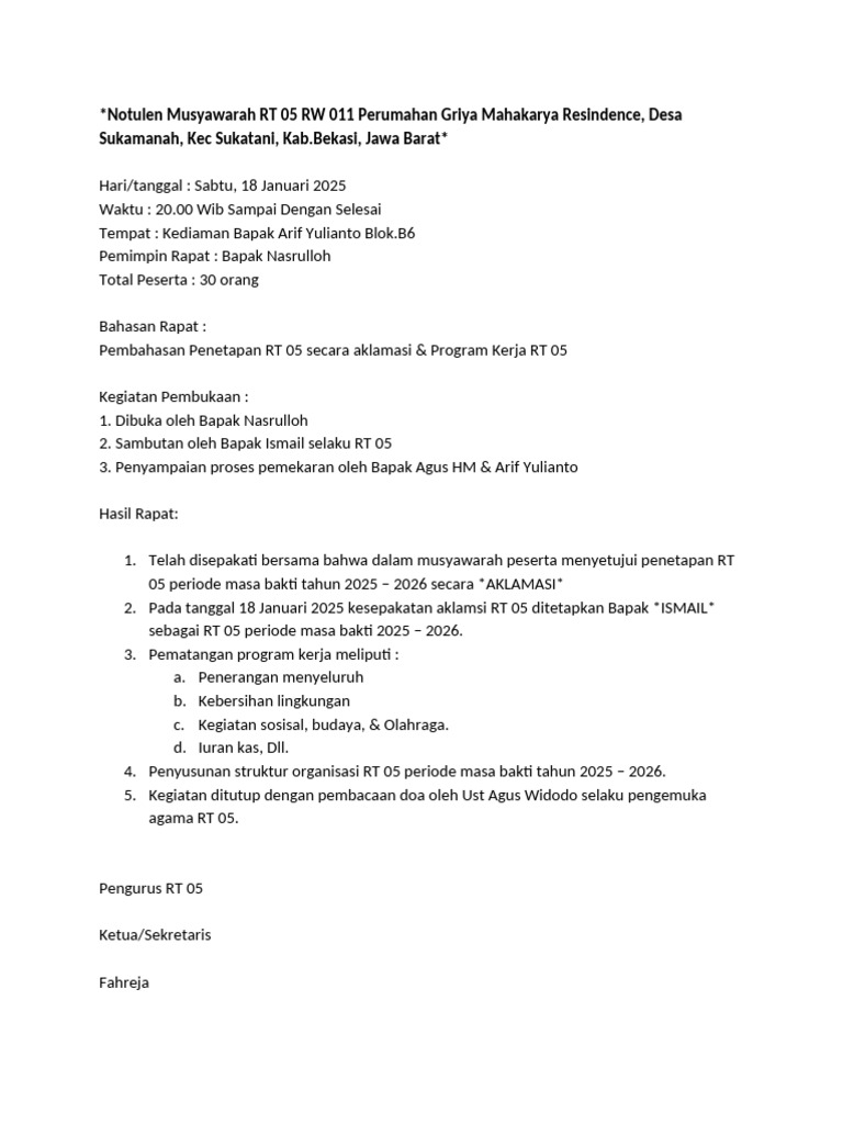 Notulen Musyawarah RT 05 RW 011 Perumahan Griya Mahakarya Resindence | PDF