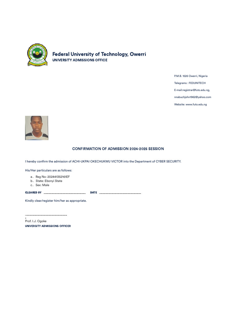 FUTO SM Core Portal Vic confirmation | PDF