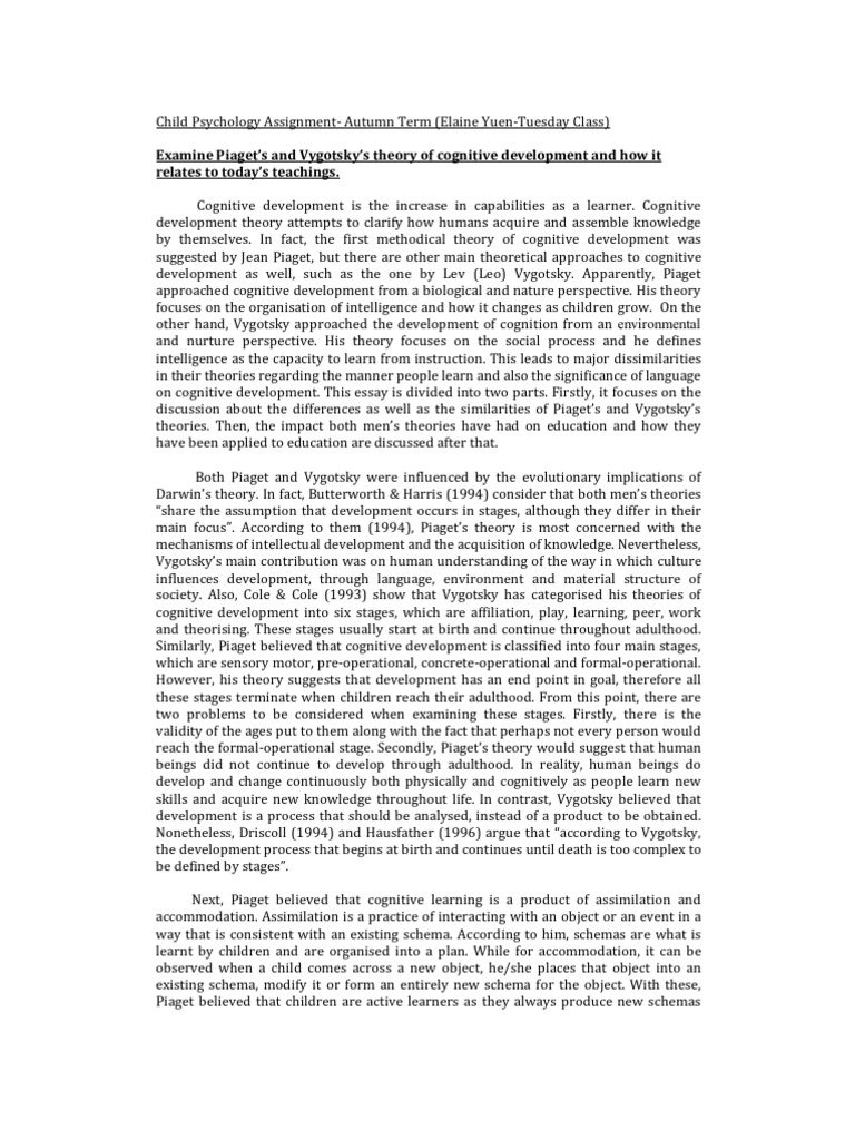Autumn Term - Child Psychology Assignment (Piaget & Vygotsky) - Elaine ...