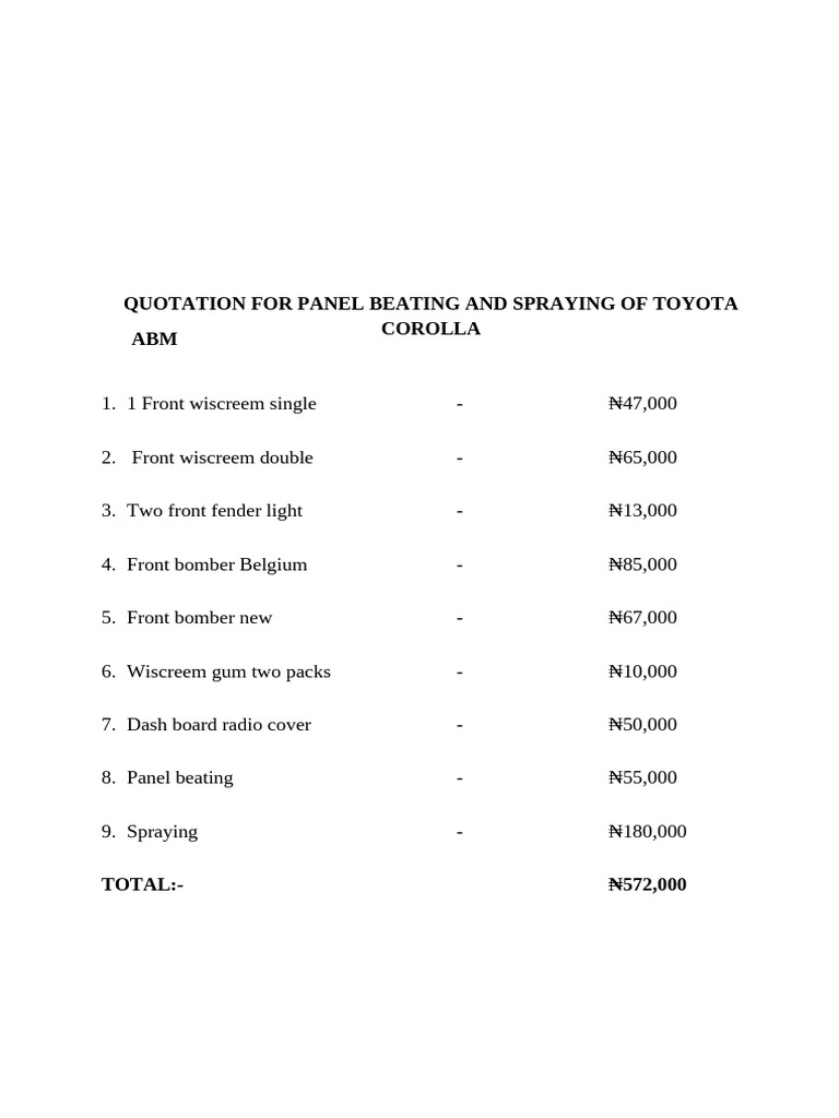 Quotation For Panel Beating | PDF