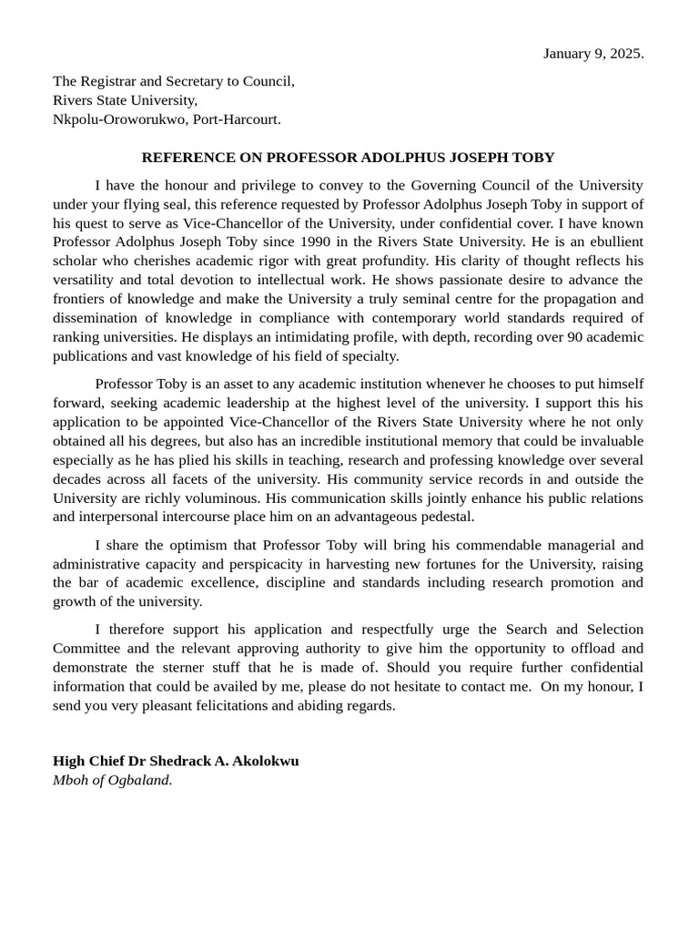 Reference On Professor Adolphus Joseph Toby | PDF