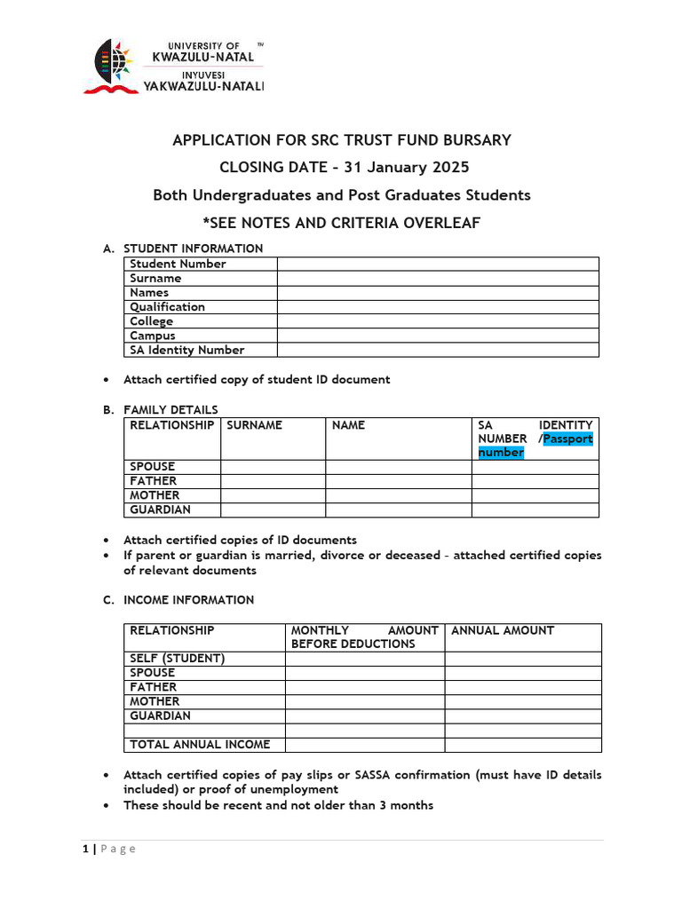 SRC Trust Fund - Application Form 2025 | PDF