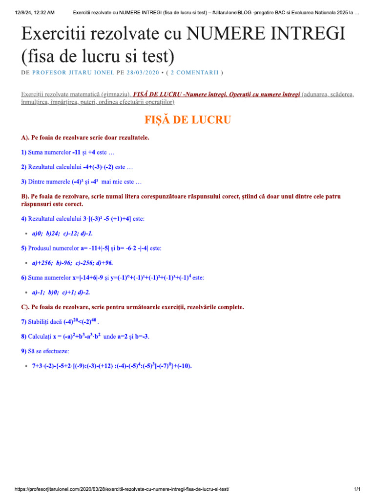 Exercitii Cu Numere Intregi | PDF