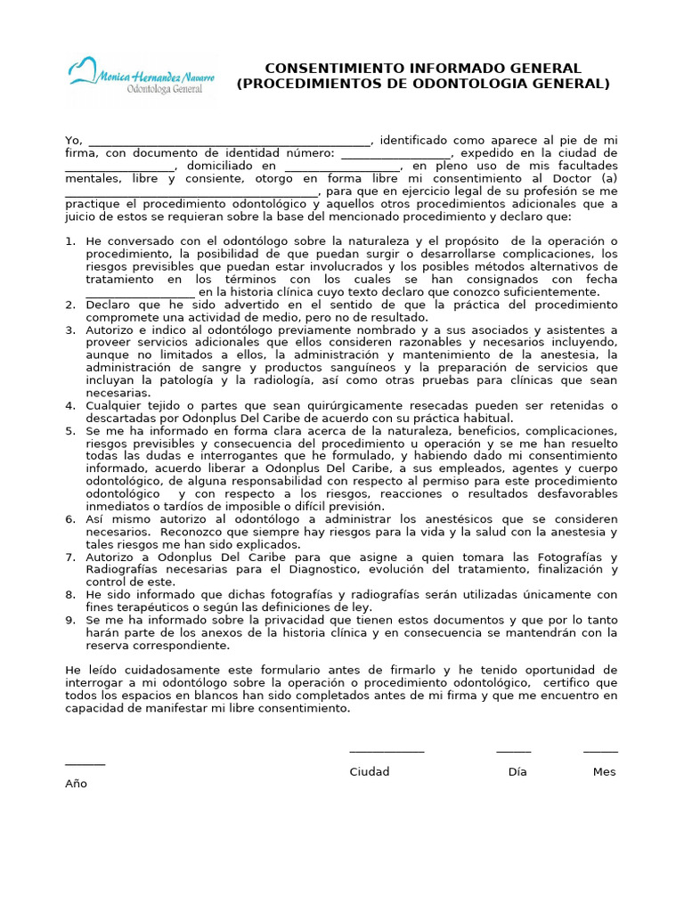 Formato de Consentimiento Informado Especialidad Endodoncia | PDF ...