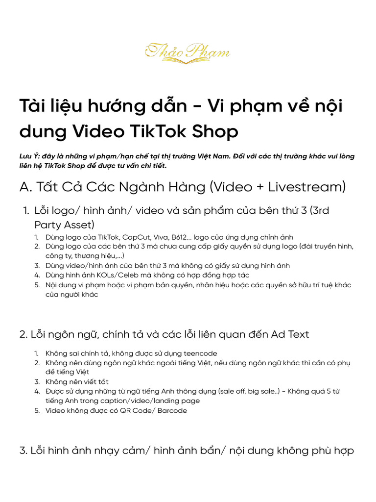 Tài Liệu Hướng Dẫn - Vi Phạm Về Nội Dung Video & Livestream TikTok Shop [External] (2) | PDF