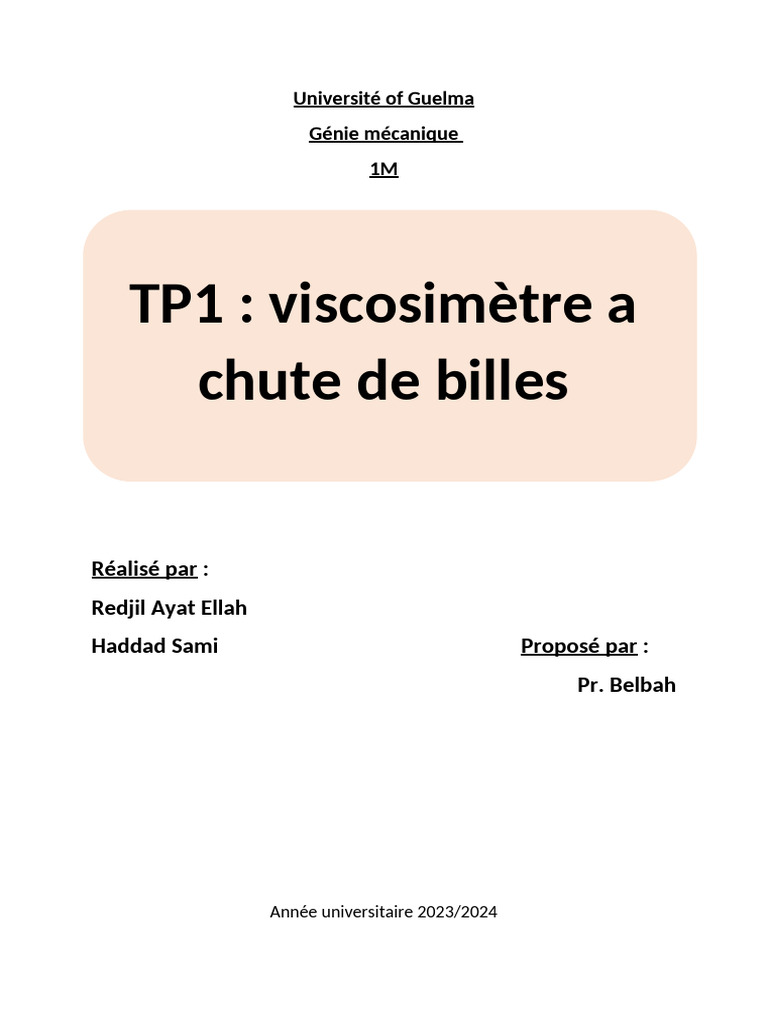 Viscosimètre à Chute de Billes : TP 1 | PDF | Viscosité | Fluide
