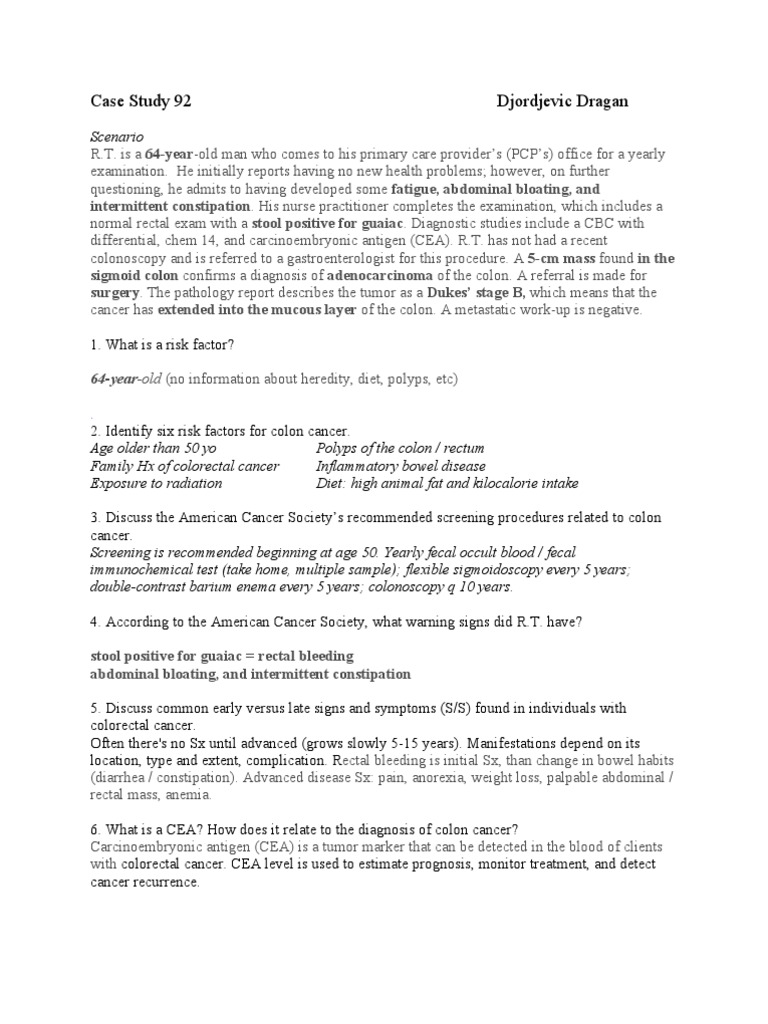 Colon Cancer Case Study and Management | PDF | Colorectal Cancer ...