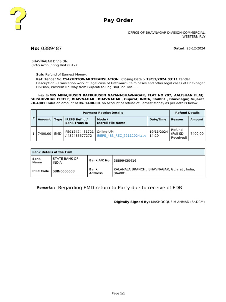 EMD Refund PO | PDF | Payments