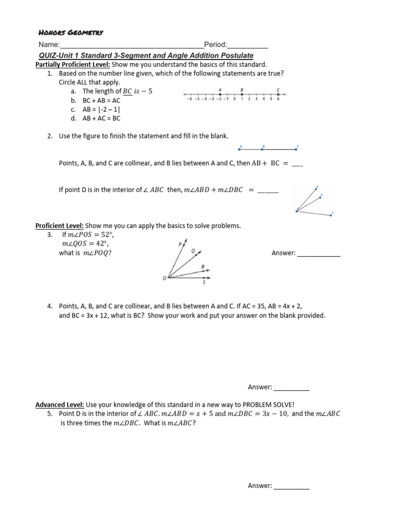 QUIZ-Unit 1 Standard 3-Segment and Angle Addition Posulates | PDF