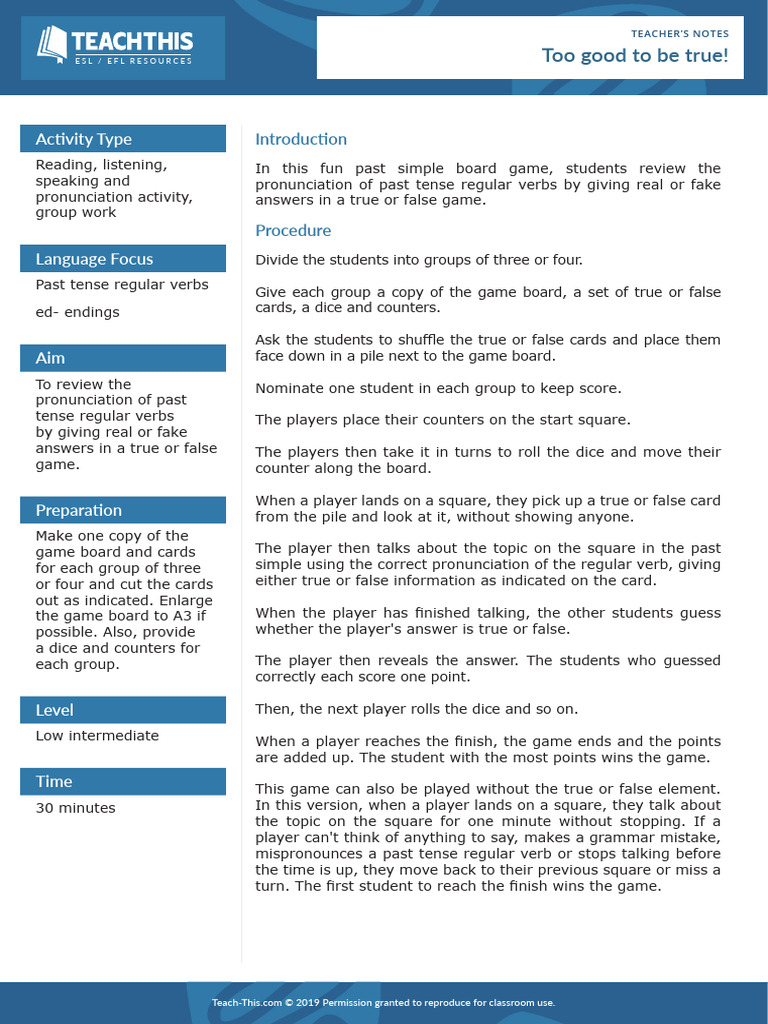 Simple Past Tense Board Game - FALSE AND TRUTH ANSWERS | PDF ...