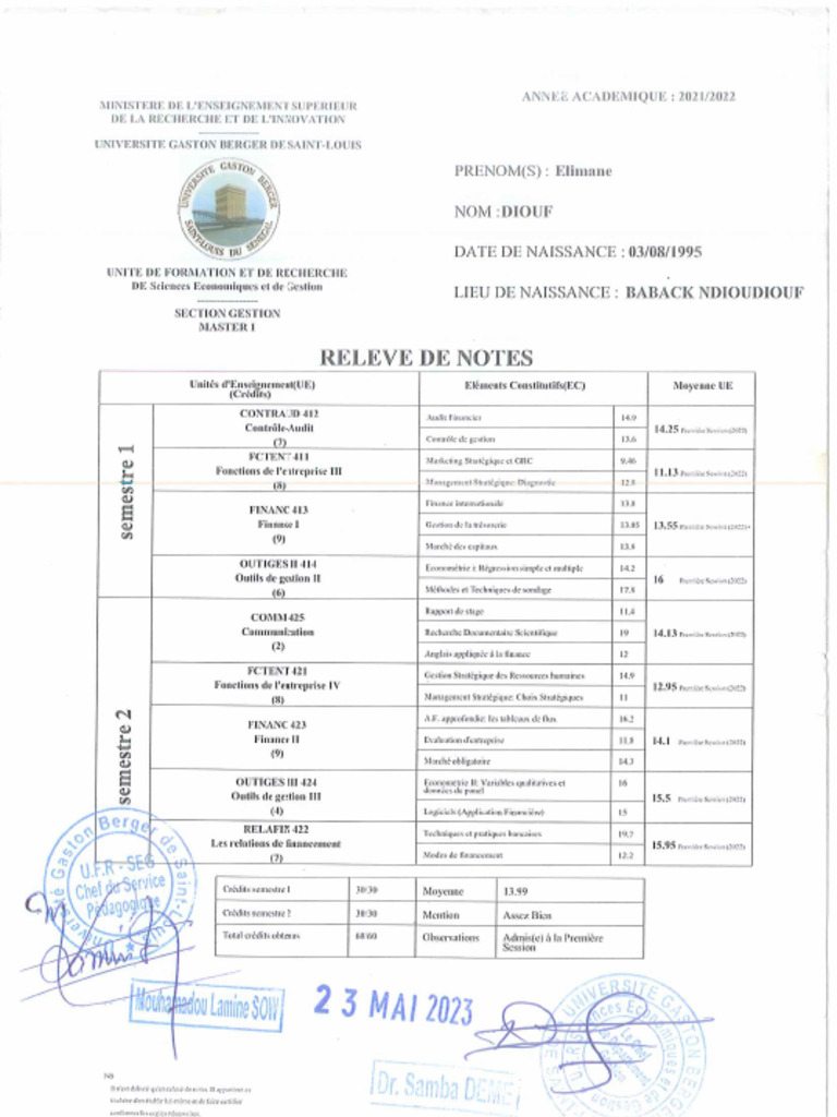 Releve de Notes Master 1_123333 | PDF