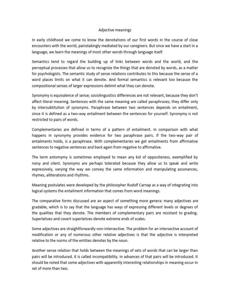 Semantics & Pragmatics Griffiths, Chapter 2 Summary | PDF | Semantics | Adjective