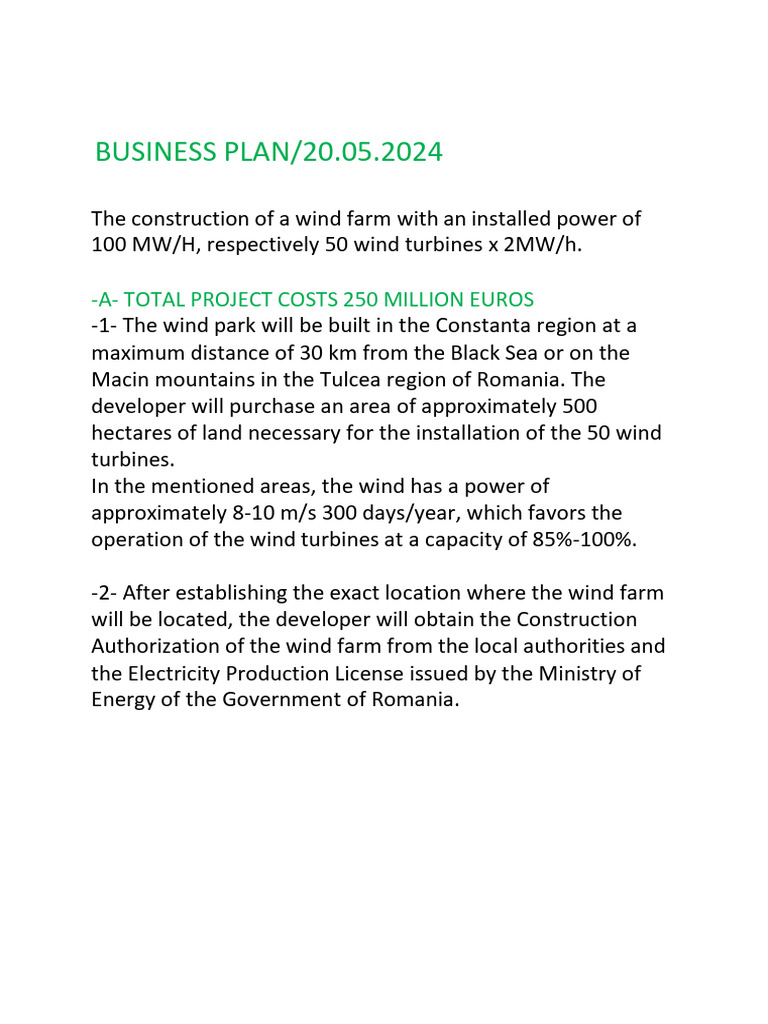 Business Plan-50 Wind Turbine Constanta Romania | PDF | Wind Farm ...