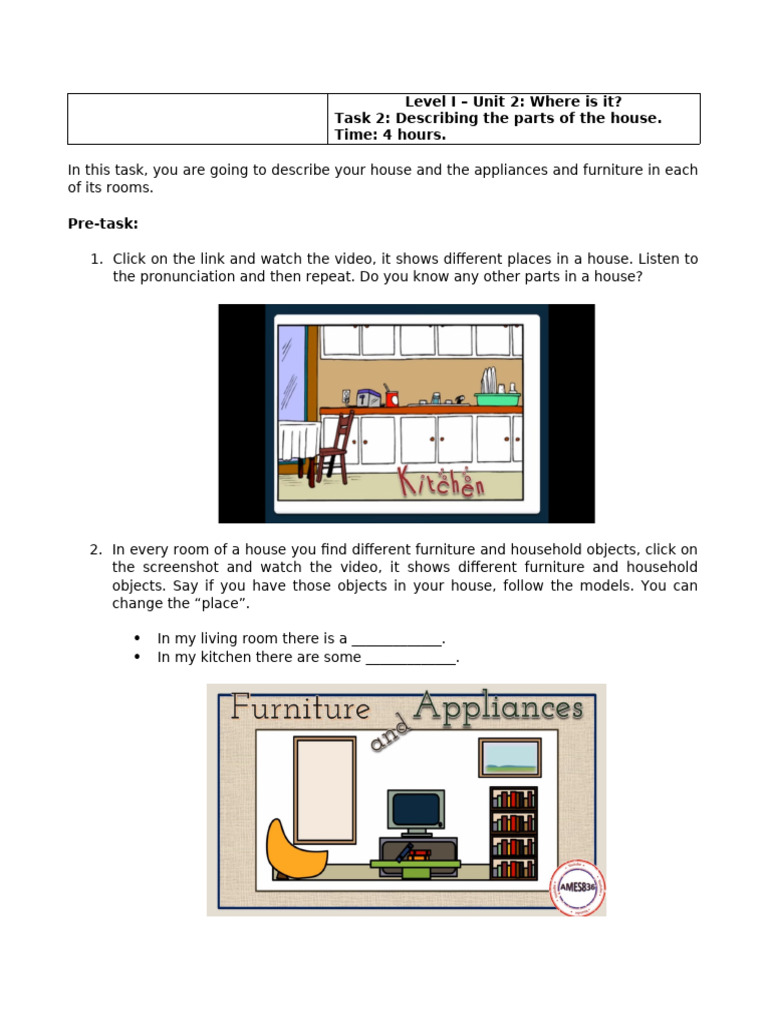 LEVEL I - UNIT 2 - TASK 2 Describing the parts of the house | PDF | Home | Room