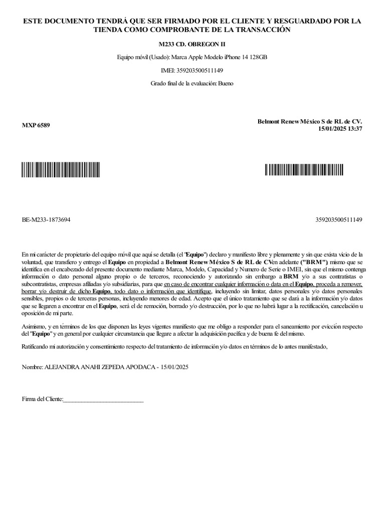 Transferencia de iPhone 14 Usado a BRM | PDF