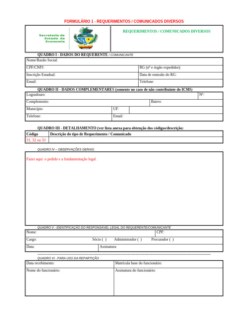 Formulario 1 Requerimentos Comunicados Diversos 1 | PDF | Brasil