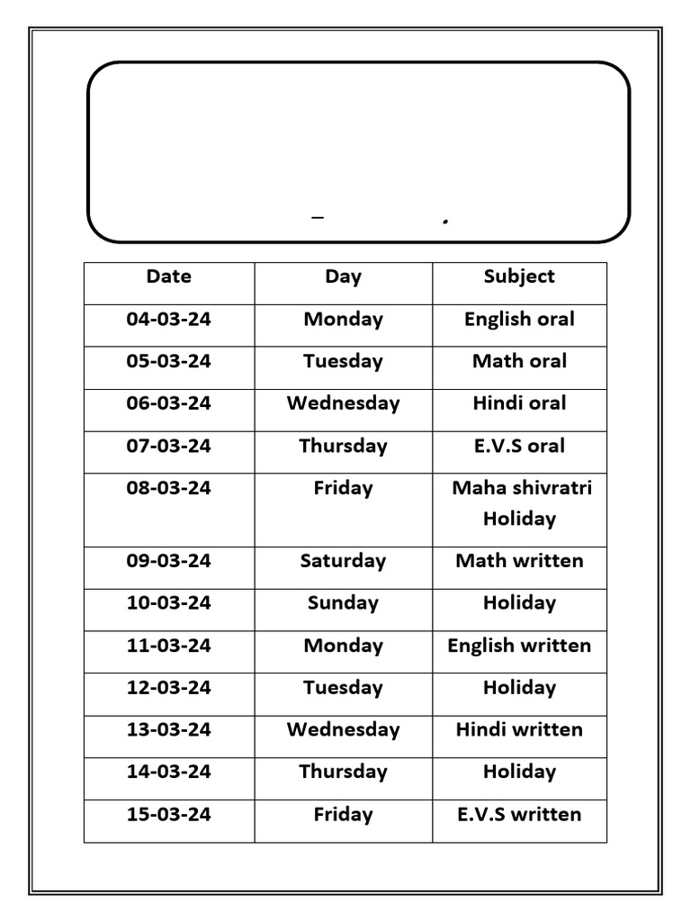 Neyo Kidzee Junior K.G. Exam Timetable | PDF