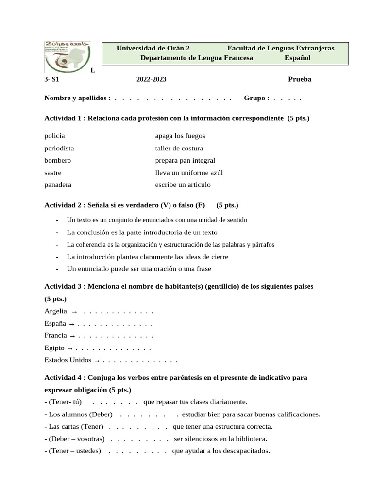 Prueba de Español para Estudiantes | PDF