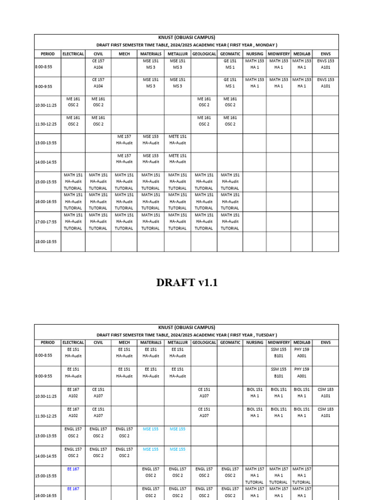 1st Year 1st Sem Eng - Ah - Envs Obuasi Timetable v1.1 | PDF