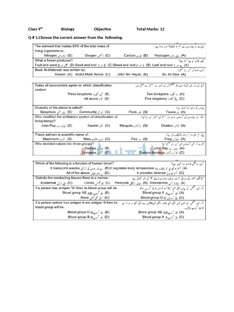 Class 9th Biology Objective Total Marks | PDF