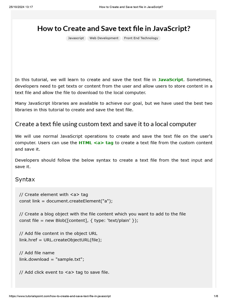 How To Create And Save Text File In Javascript Pdf Java Script 