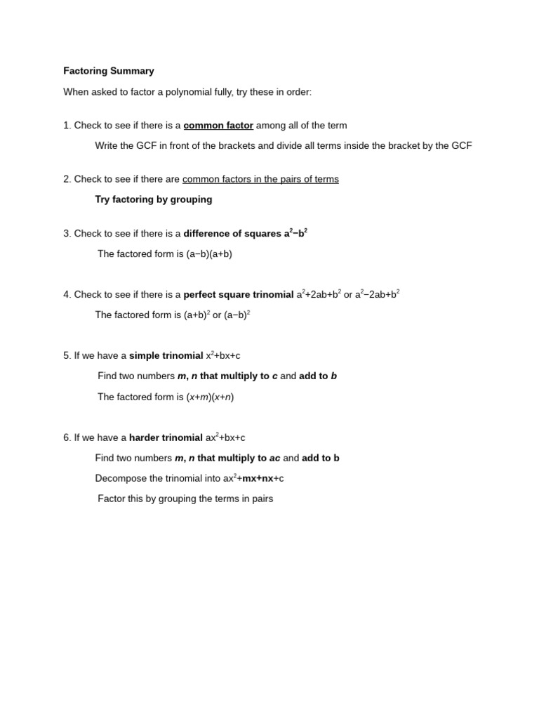 Factoring Summary | PDF