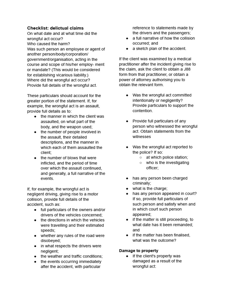 Checklist - Delictual Claims | PDF | Traffic Collision | Marriage
