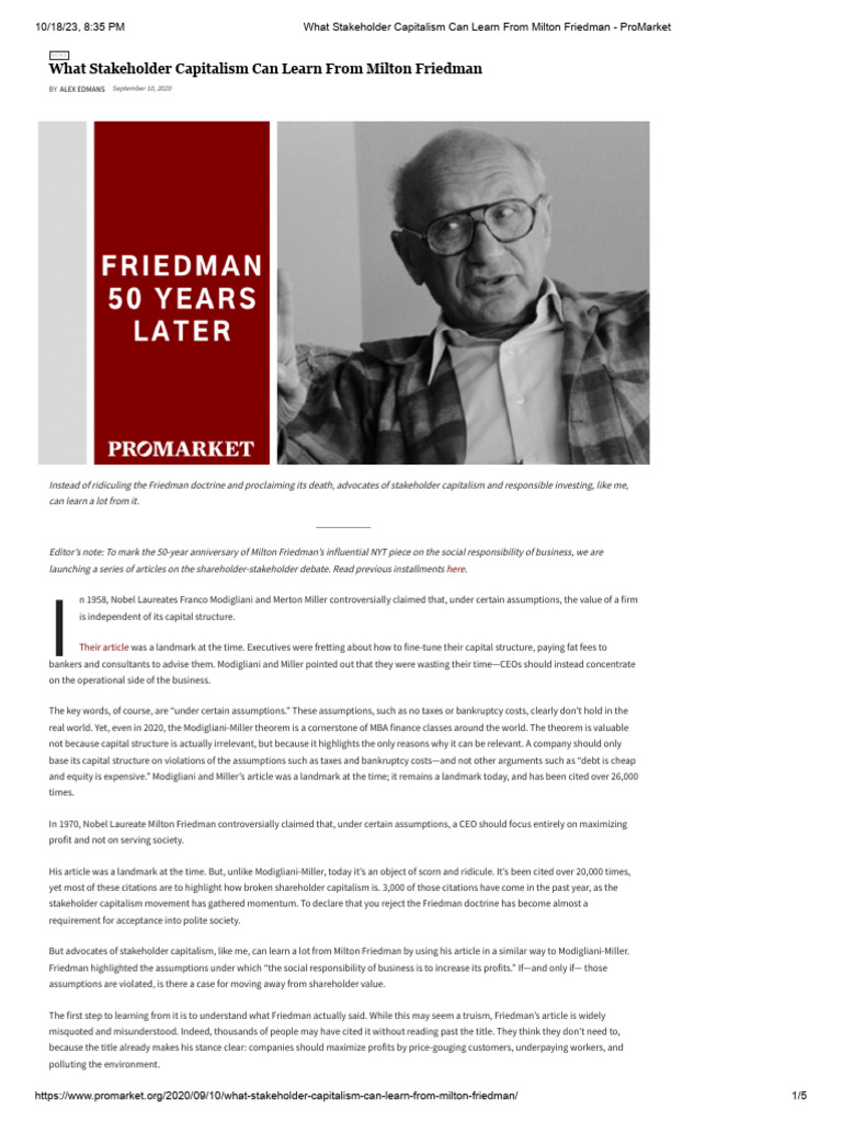 edmans 2020 - what stakeholder capitalism can learn from friedman | PDF ...