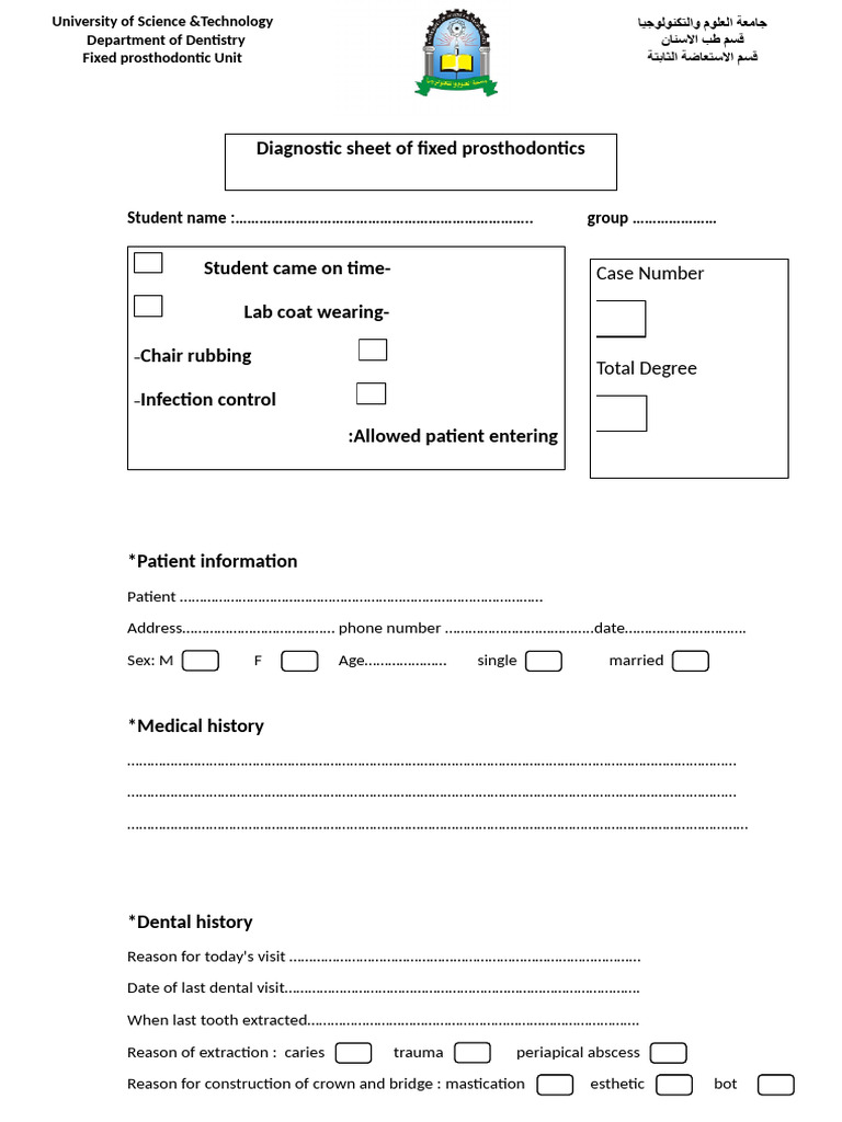 Fixed Prosthodontics Diagnostic Sheet | PDF | Dentistry Branches ...