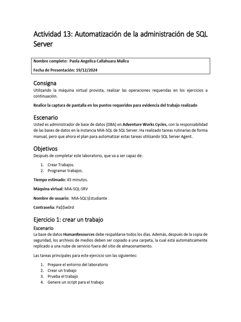 Actividad 13. Automatización de Tareas en SQL Server 2014 - Paola Callahuara | PDF | Apoyo ...