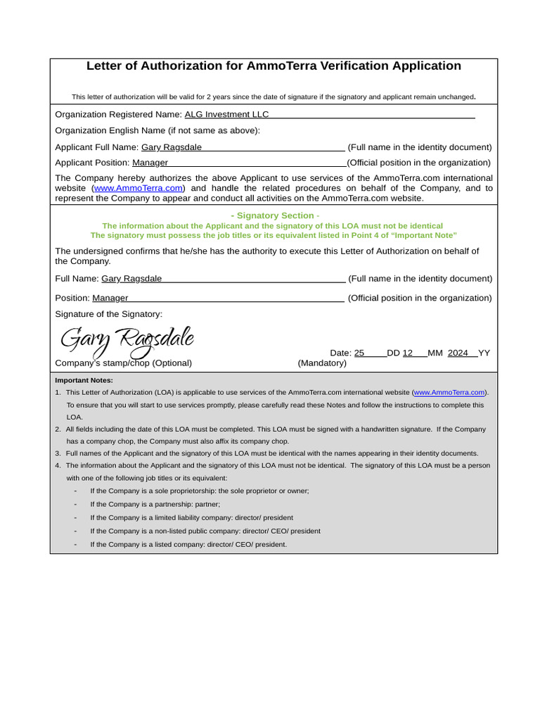 Ammoterra LOA Example | PDF | Signature | Sole Proprietorship