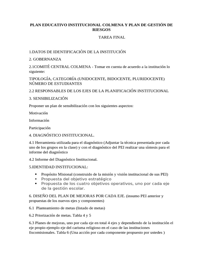 Tarea Final Plan Educativo Institucional Colmena.r | PDF