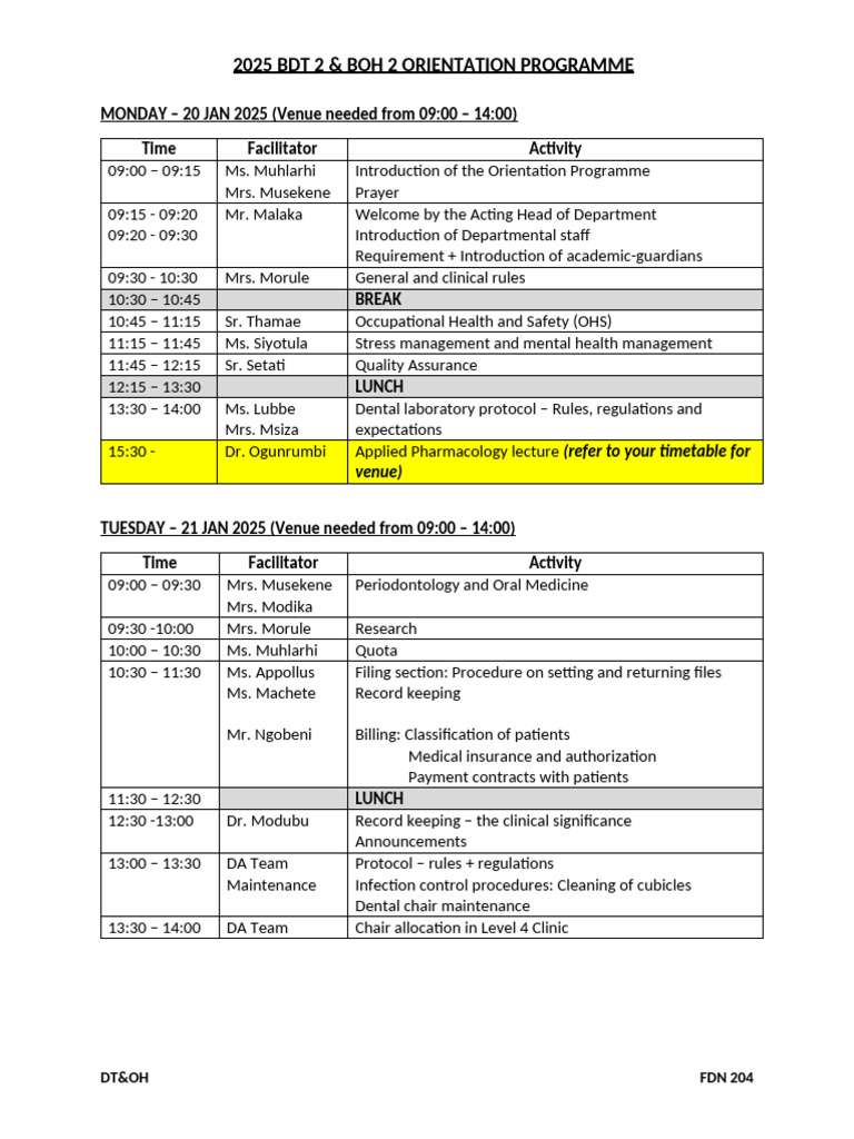 2025 Boh Bdt 2 Orientation Schedule 2 | PDF | Medicine | Health Care