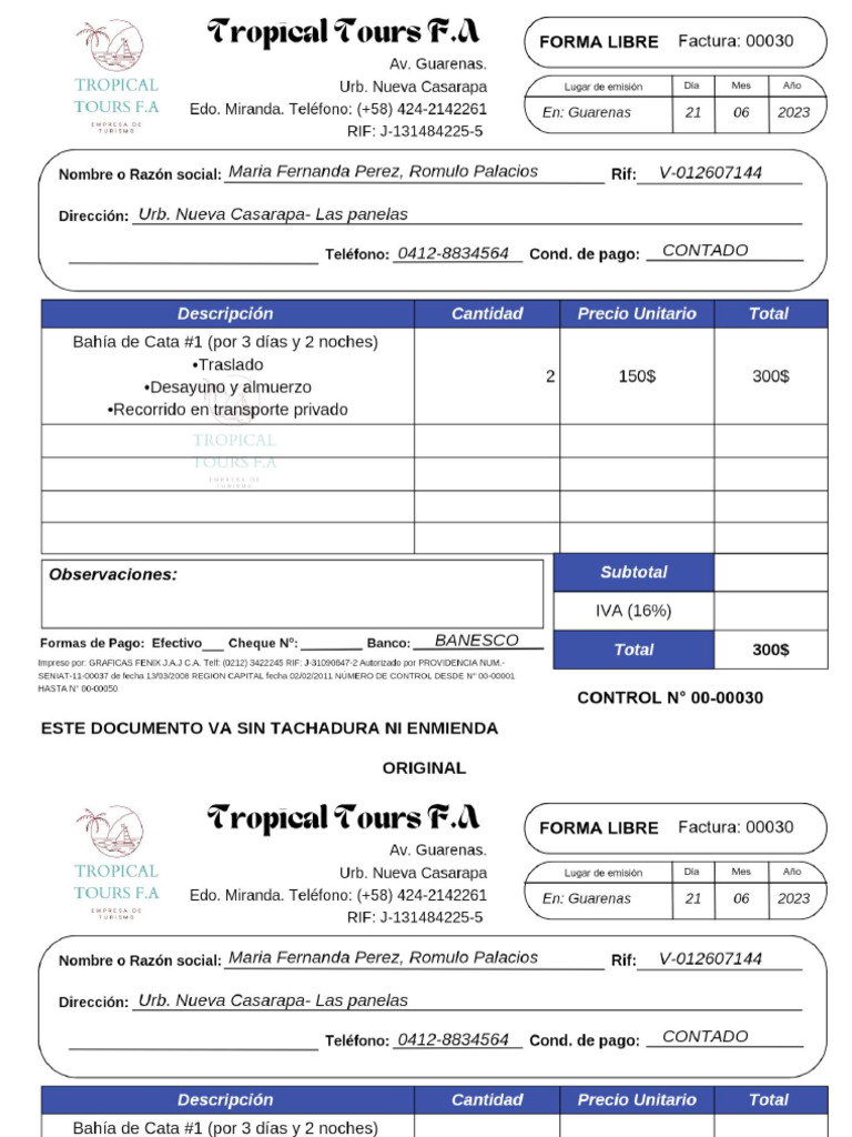 Tropical Tours. Facturas | PDF