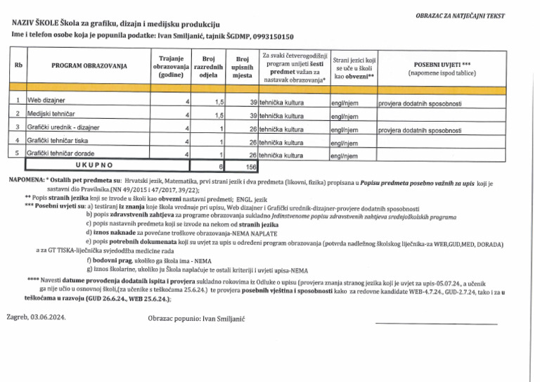 Natjecaj Za Upis 2023 2024 | PDF