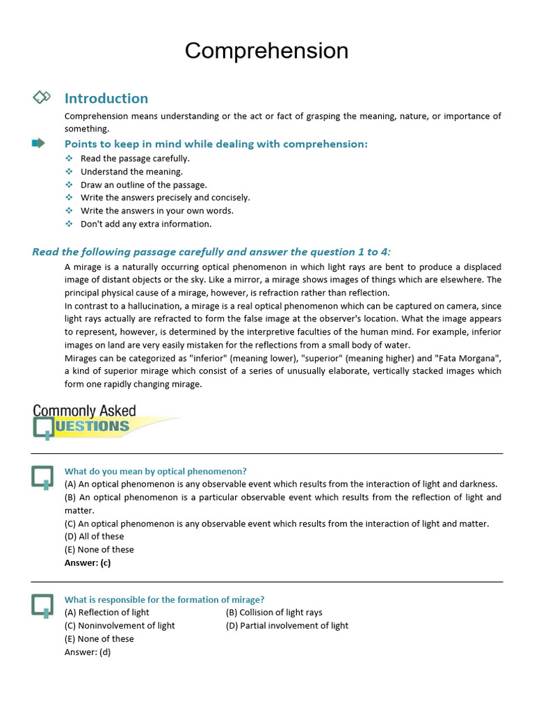 Comprehension For Reading | PDF | Optics