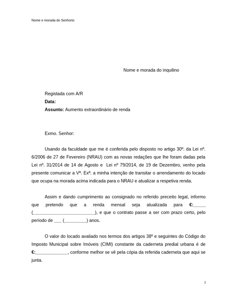 Modelo Carta Aumento Extraordinário de Renda | PDF | Proprietário | Leasing