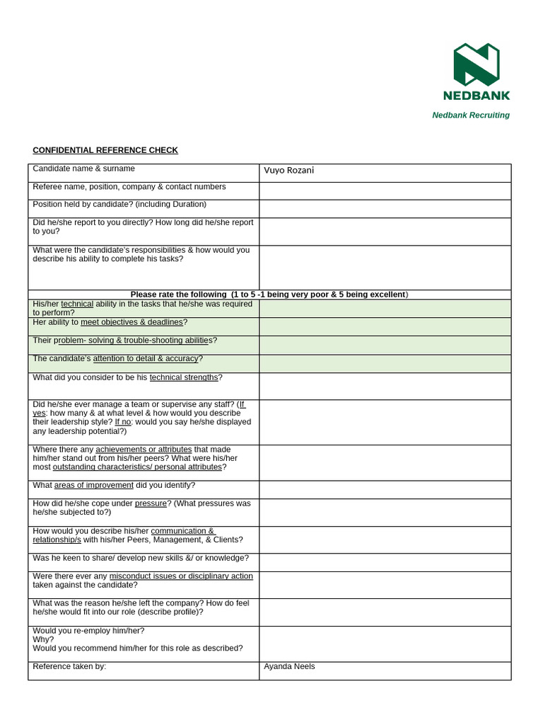 Reference Form Vuyo Rozani | PDF