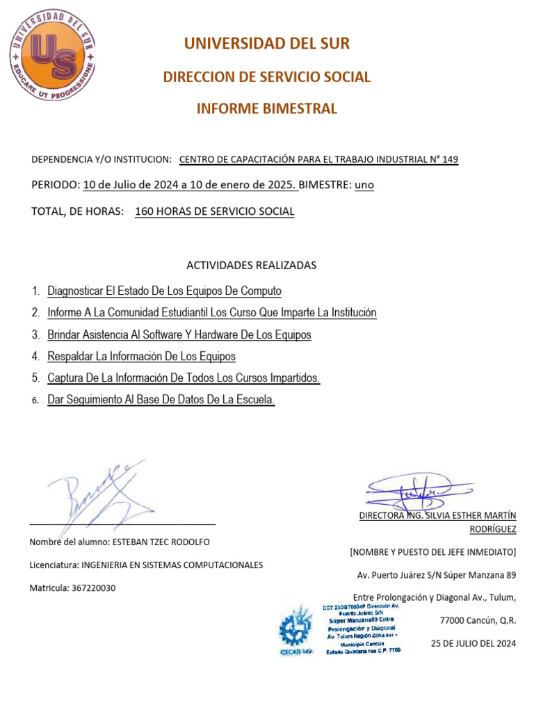 Ejem'plo Informe Bimestral de Servicio Social | PDF | La seguridad informática | Seguridad
