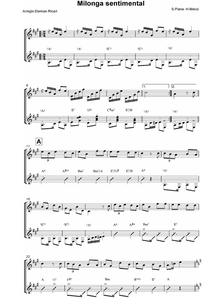 Milonga Sentimental Parte Duo Partitura | PDF