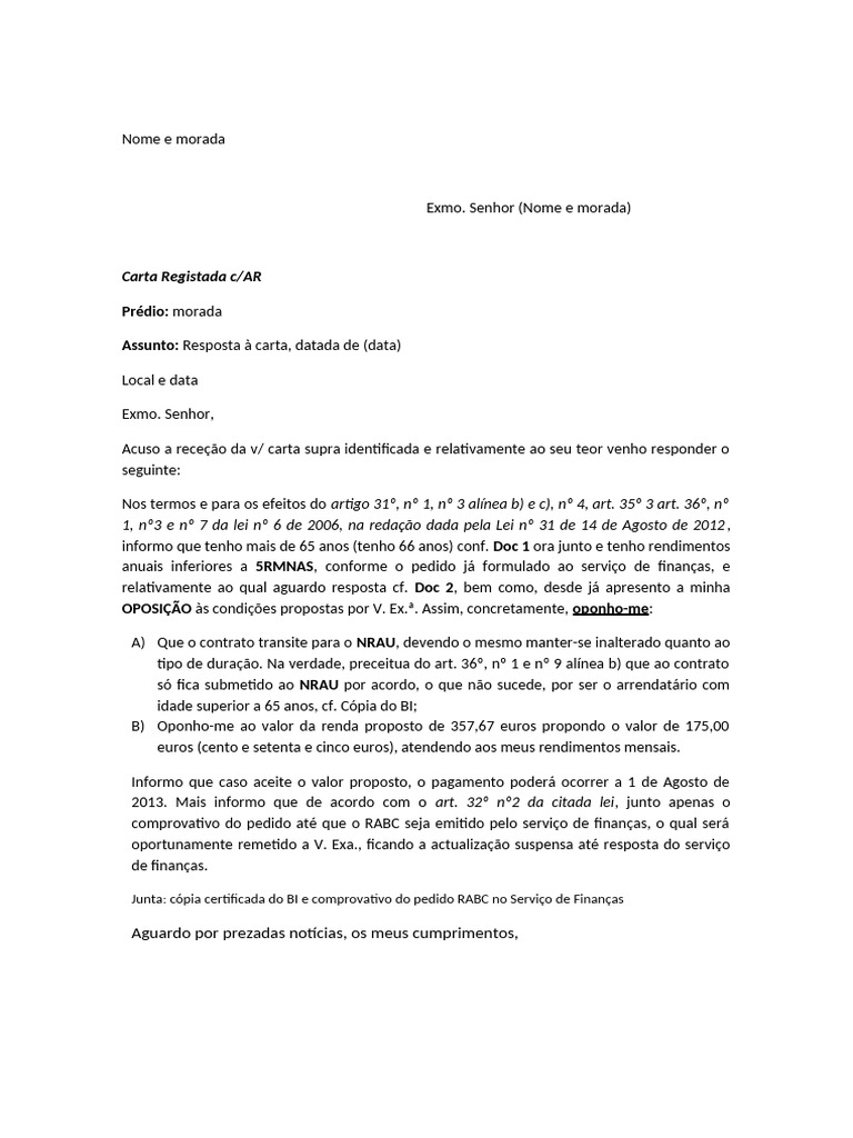 Carta Resposta A Actualização de Renda Minuta Da Ass. Inquilinos | PDF