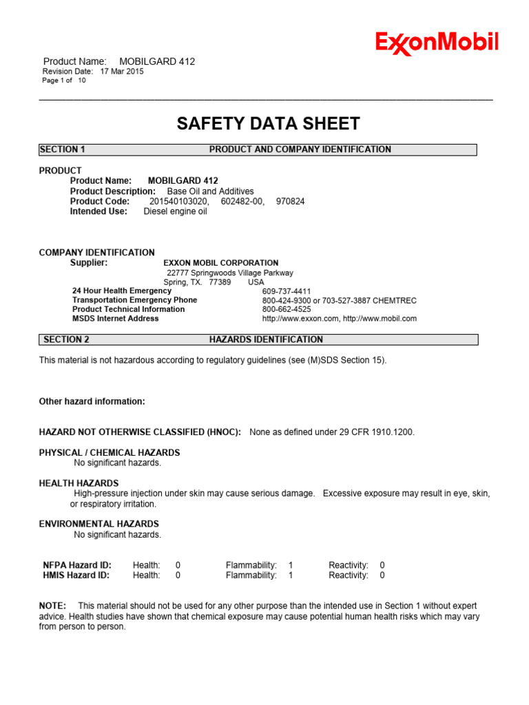 MOBIL-GARD-412-msds | PDF | Safety | Occupational Safety And Health