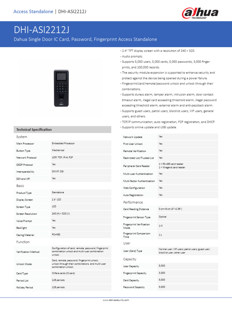 Dahua DHI-ASI2212J Access Control System | PDF | Computer Network ...