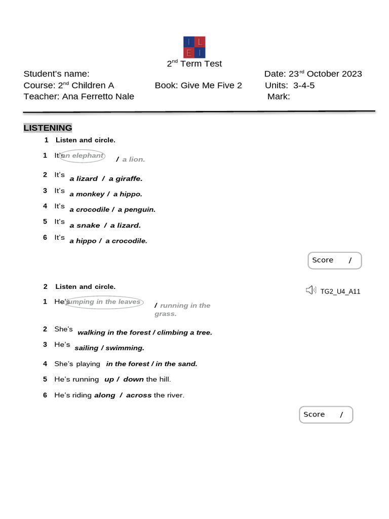 2nd Term Test for Children A | PDF