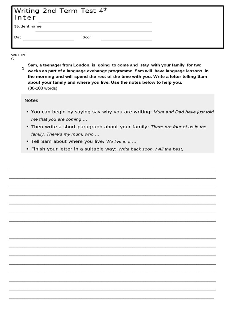 Writing 2nd Term Test 4th Inter | PDF