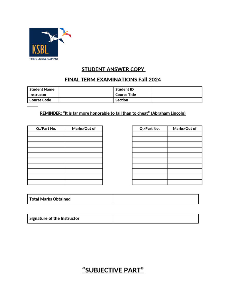 Fall 2024 Final Exam Answer Sheet | PDF