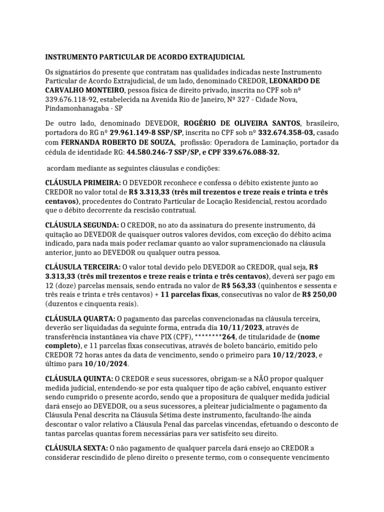 modelo-termo-de-acordo-extrajudicial-pagamento-de-divida | PDF ...